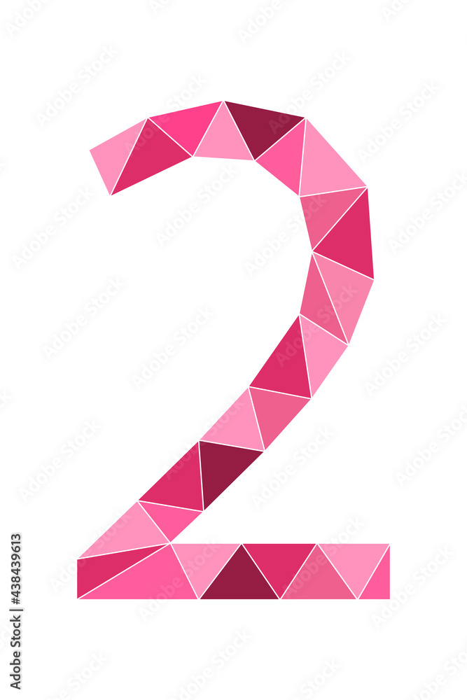 Neon pink number 2 polygon style isolated on white background. Learning ...