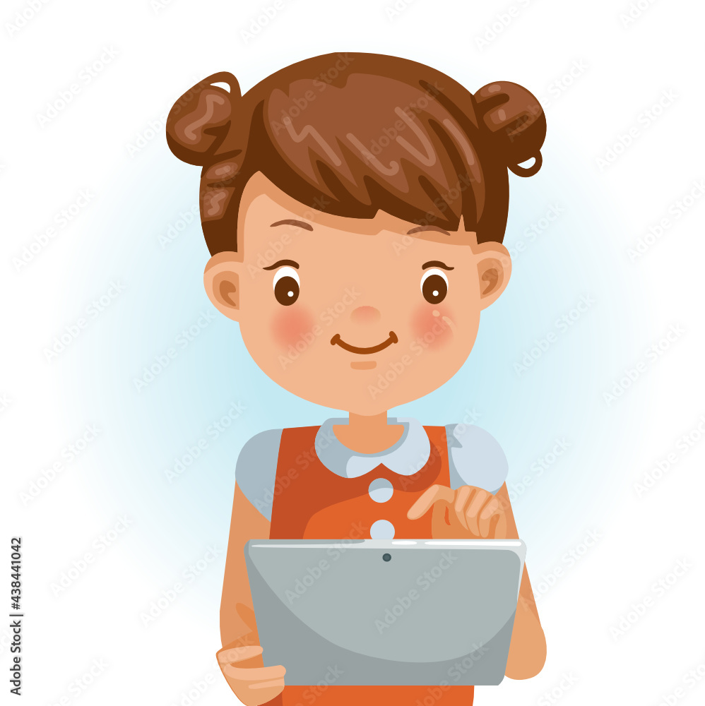 Little girl use a computer. Children are using a notebook computer ...