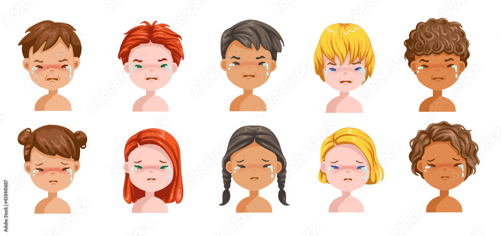 Boys and girls set cry emotions, Feeling sad, face of the child ...