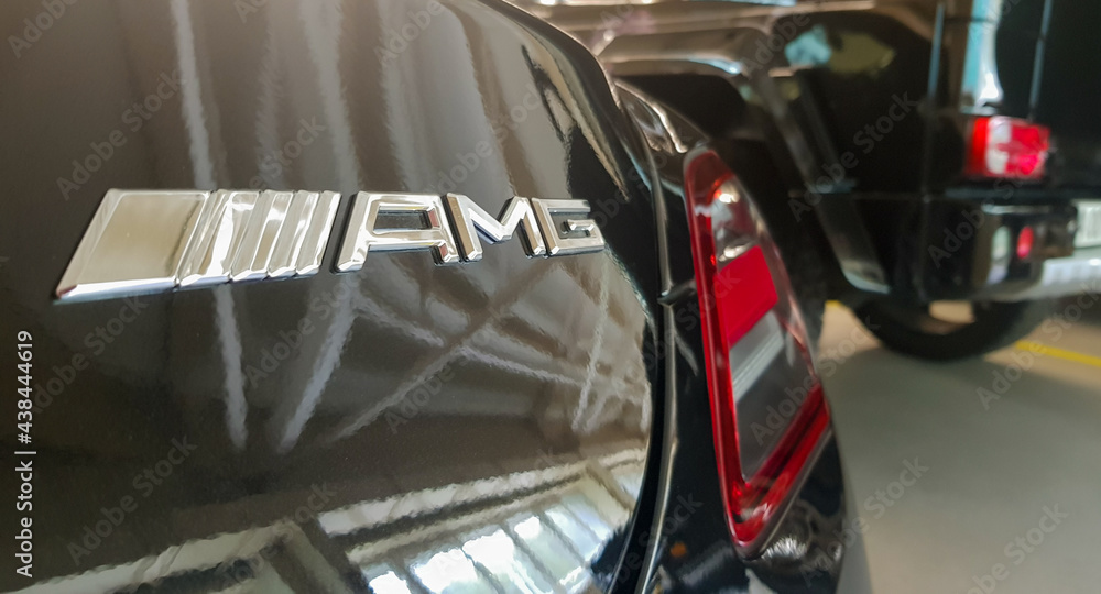AMG logo on the trunk. Concern Daimler AG. Production of powerful and ...