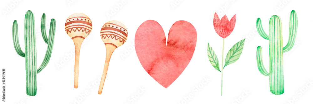 Watercolor set cacti, maracas, red heart, red flower. Cute illustration ...