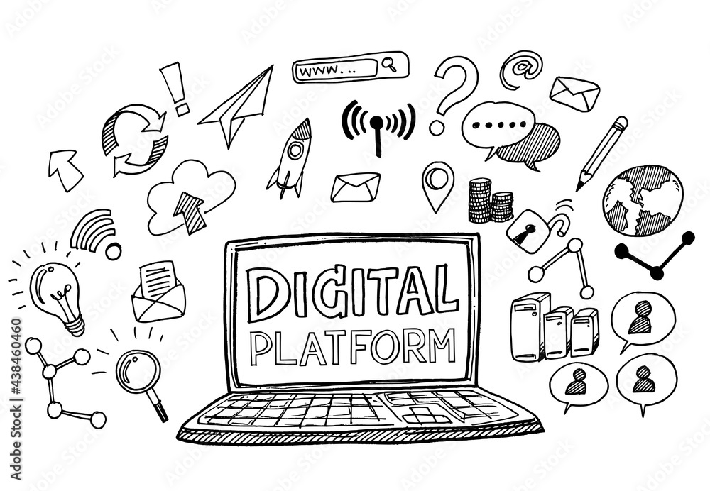 Hand draw business doodles digital platform,Drawn in black ink on white ...