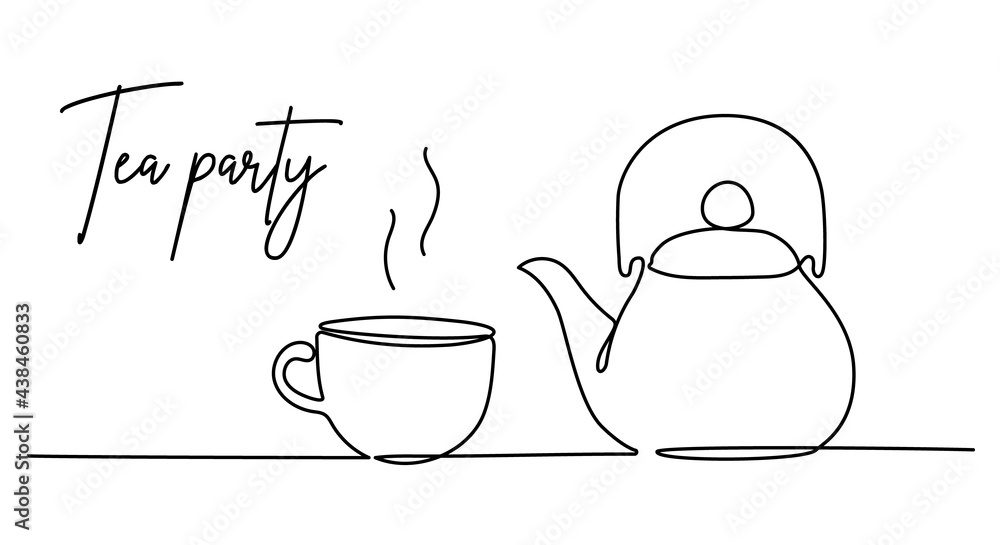 Cup of tea and teapot. Tea party. Continuous one line drawing ...