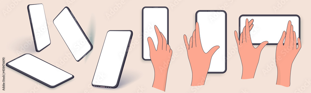 Layouts, mobile phone templates in various positions. Hand holding the ...