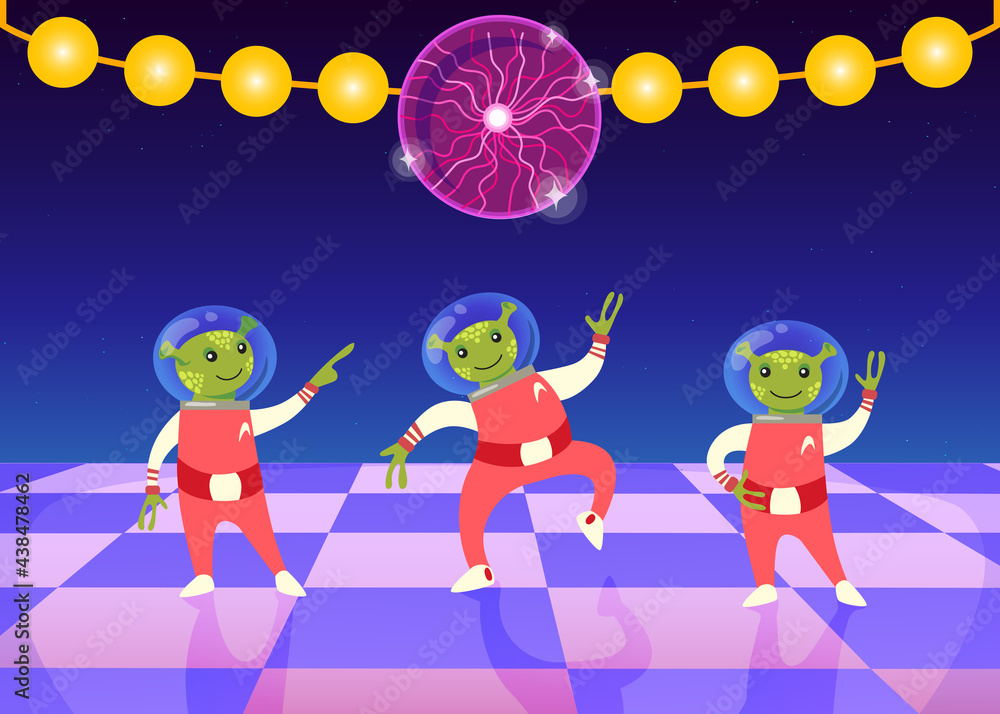 Cartoon aliens in space suit dancing om dance floor. Night club with ...