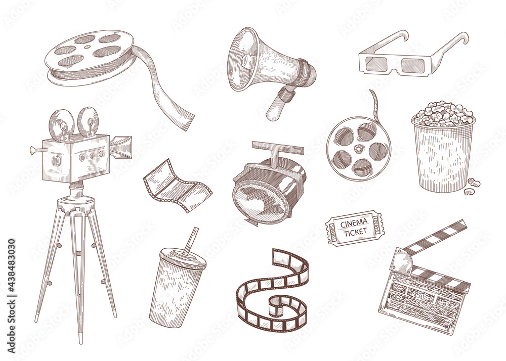 Cinema elements engraved illustrations set. Hand drawn sketch of ...