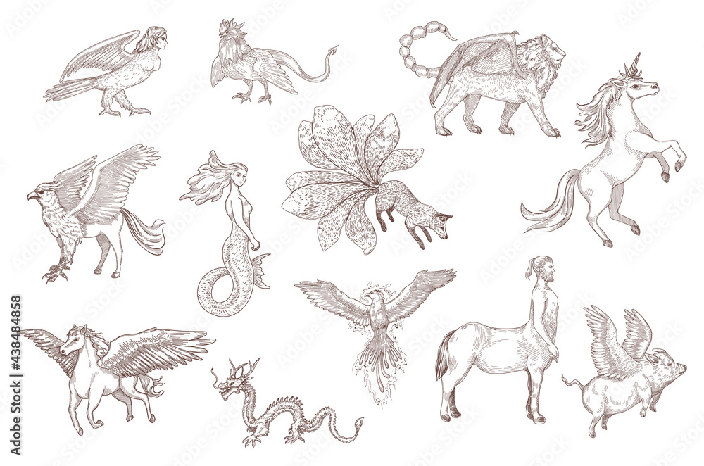 Hand drawn sketch of fantastic beasts from ancient myths. Chinese ...