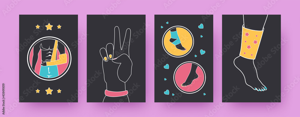 Set of contemporary art posters with injury treatments. Arm, leg and ...