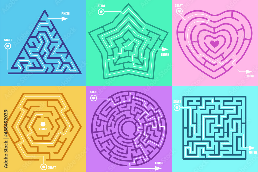 Maze games in form of different figures vector illustration set. Circle ...