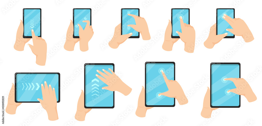 Hand on phone using touchscreen gestures vector illustration set ...