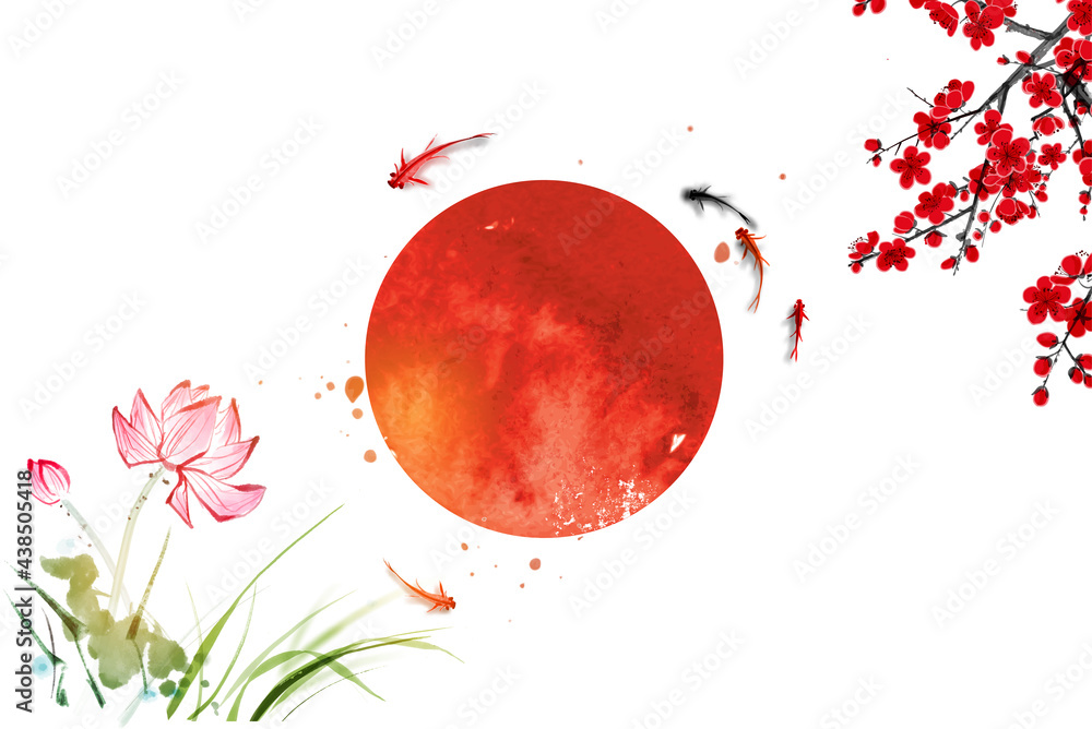 Lotus flowers, sakura blossom, little koi carp fishes and big red sun ...