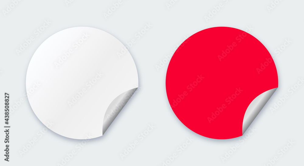Circle sticker red and white. Paper round stickers with peeling corners ...