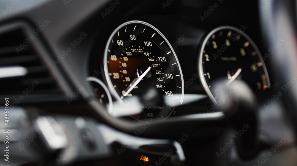 Dashboard close up with speedometer and tachometer. Odometer ...