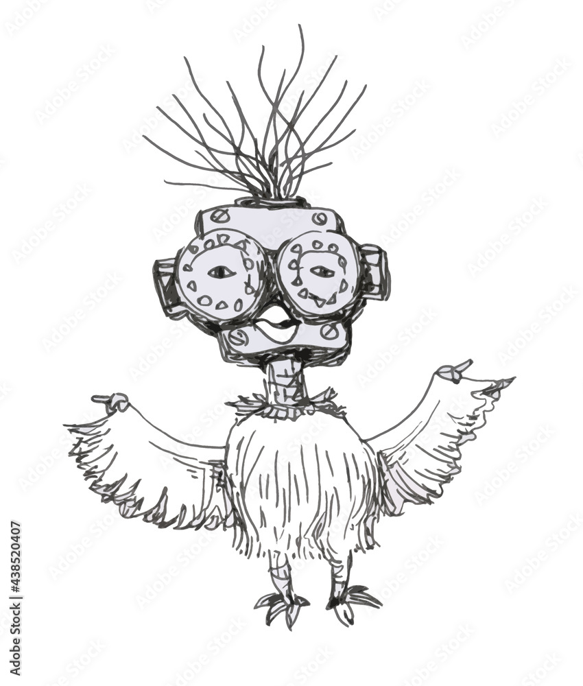 Robot bird in a funny helmet. Winged robot. Cartoon character. Stock ...