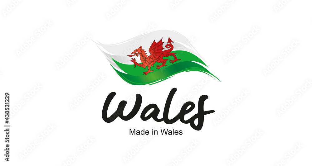 Made in Wales handwritten flag ribbon typography lettering logo label ...