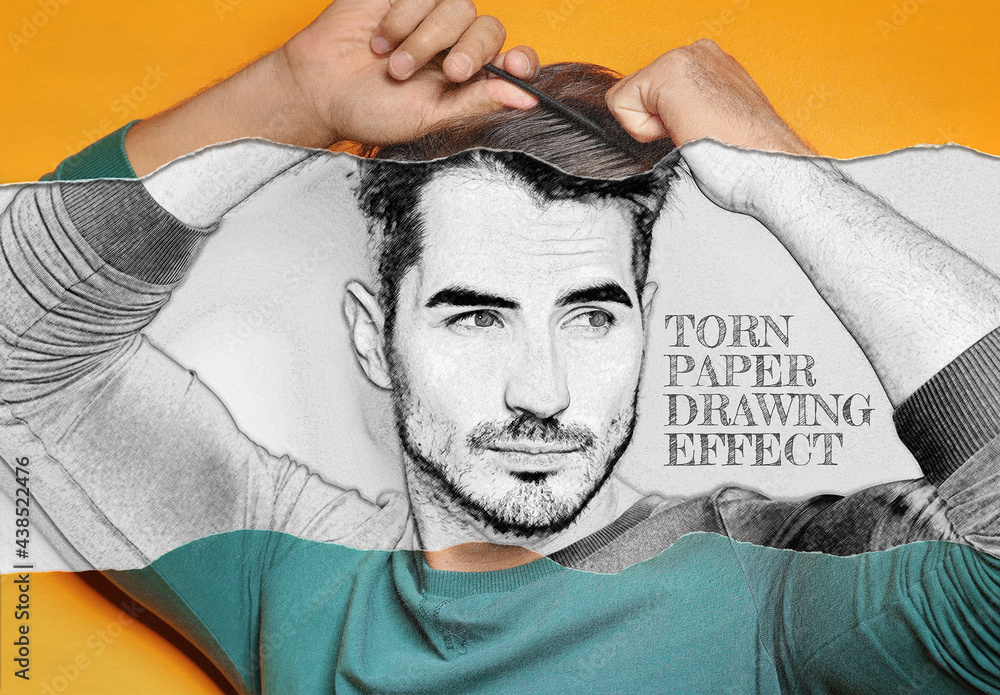 Torn Rolled Paper with Pencil Drawing Photo Effect Mockup Stock ...