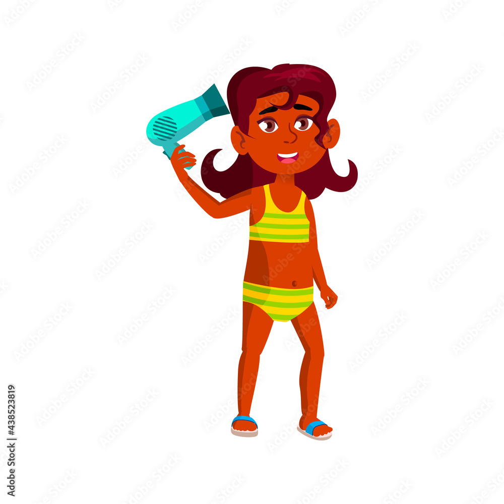 cute mexican girl drying hair with hairdryer device cartoon vector ...