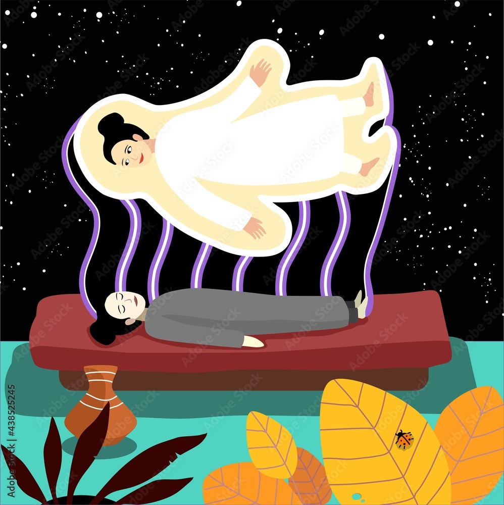 Soul leaves a body after death. Vector illustration. The corpse of the ...