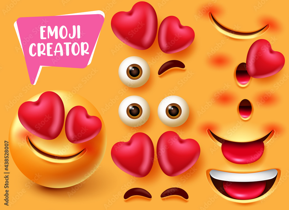 Emoji creator vector set design. Smiley 3d in love and happy character ...