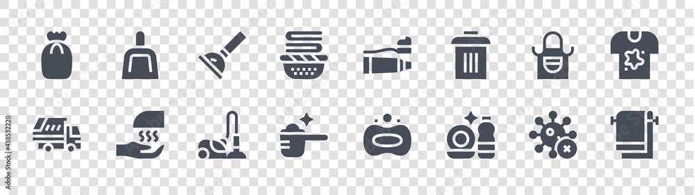 cleaning glyph icons on transparent background. quality vector set such ...