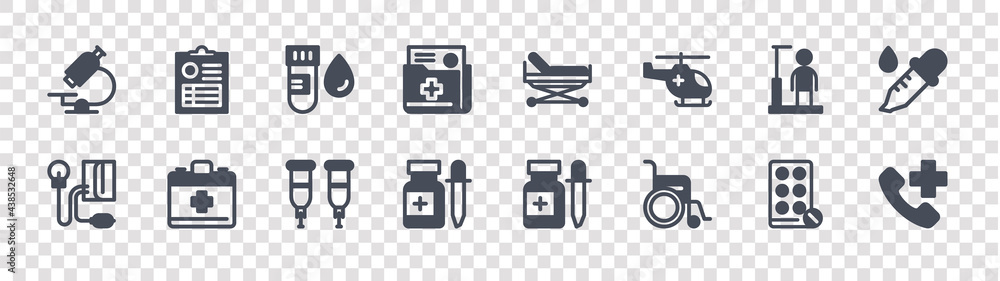 medical tools glyph icons on transparent background. quality vector set ...
