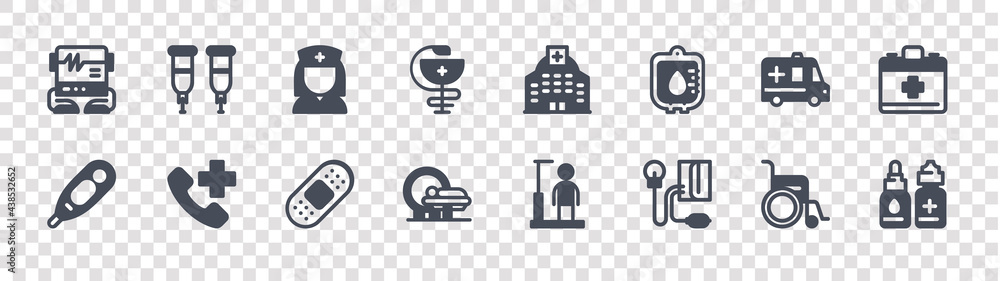 medical tools glyph icons on transparent background. quality vector set ...