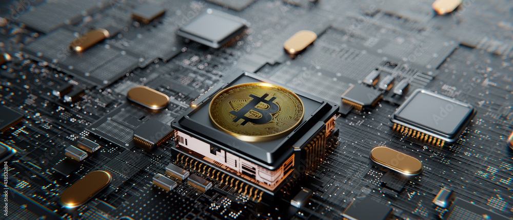 Bitcoin over a microprocessor in a motherboard. With copy space and ...