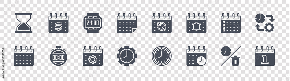 time and date glyph icons on transparent background. quality vector set ...