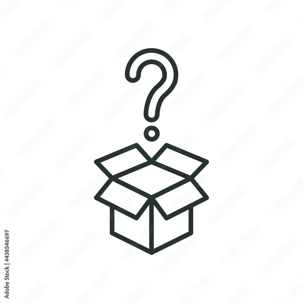 Mistery box line icon. Simple outline style. Carton, open, magic, mark ...