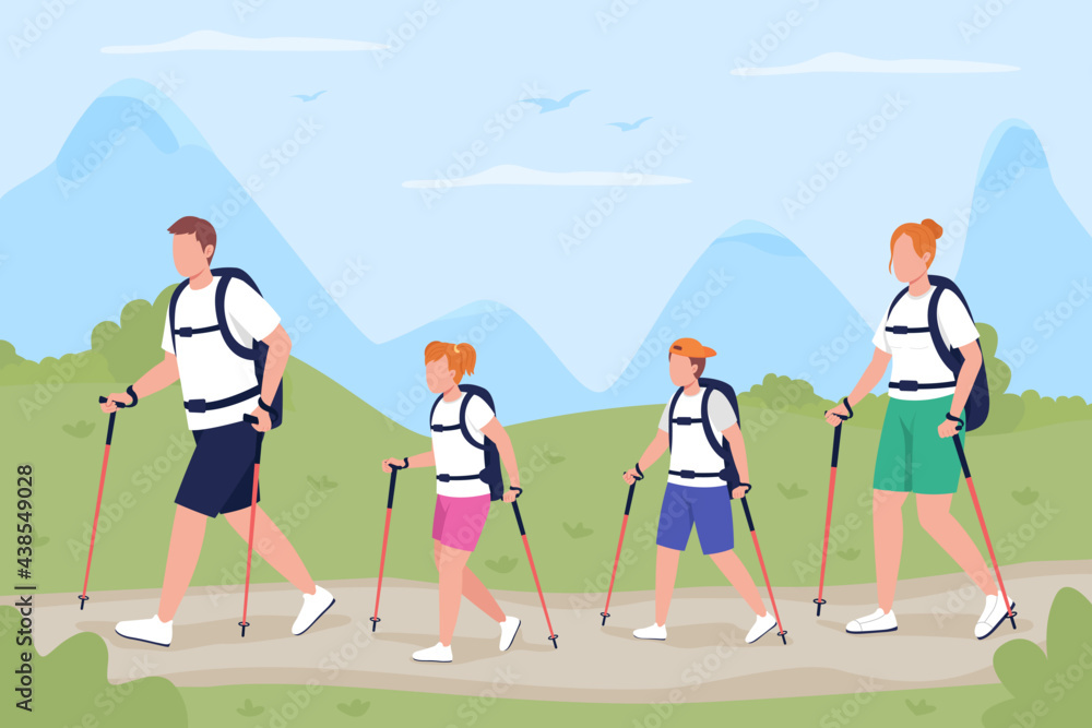Family on trekking trip flat color vector illustration. Backpackers ...