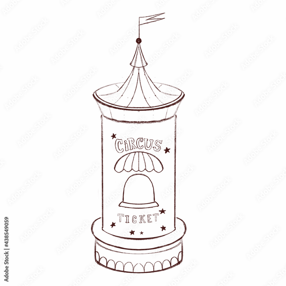 Ticket booth in circus raster illustration. Pencil sketch isolated on ...