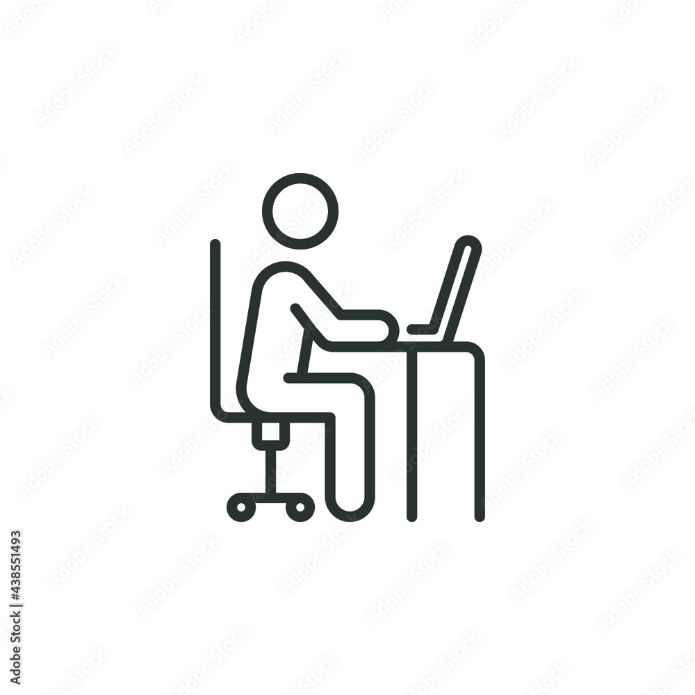 Man behind computer desk line icon. Simple outline style. Person, work ...