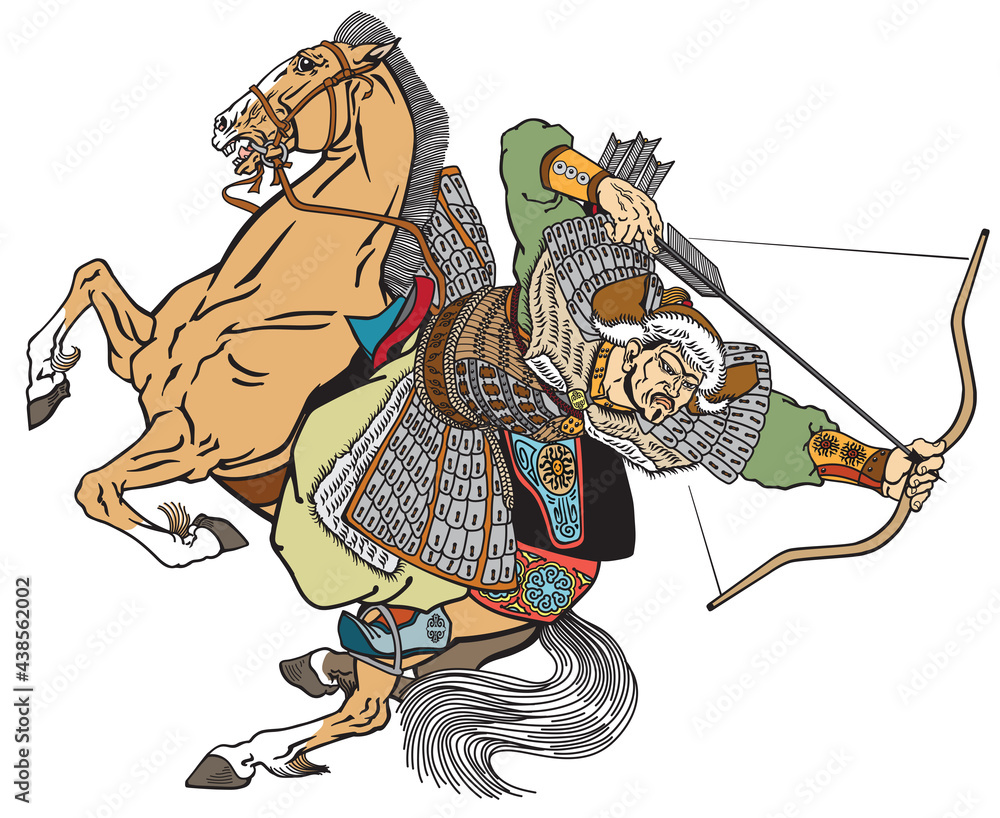 Mongol archer warrior on a horseback riding a pony horse and shooting a ...