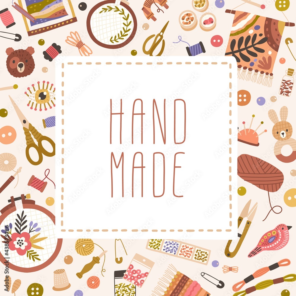 Card template design with tools for embroidery, sewing, knitting, and ...