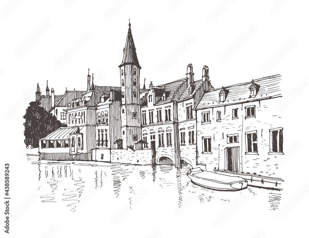 Travel sketch of Bruges, Belgium. Hand drawing of Bruges. Urban sketch ...