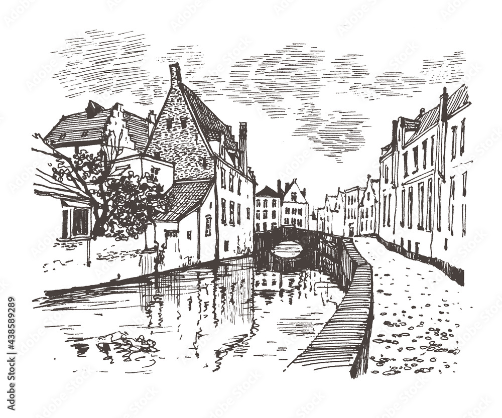 Travel sketch of Bruges, Belgium. Hand drawing of Bruges. Urban sketch ...