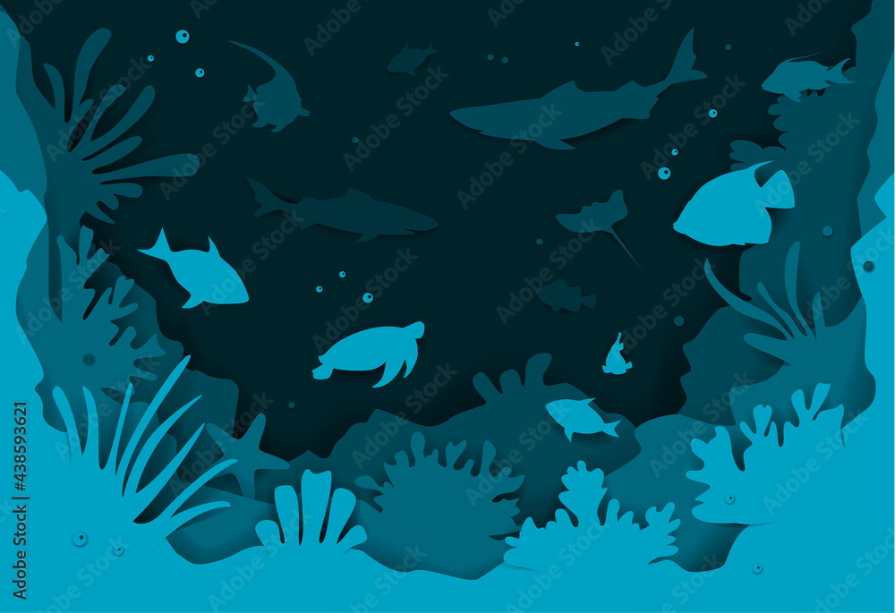 digital paper cut style underwater deep sea background with fishes and ...