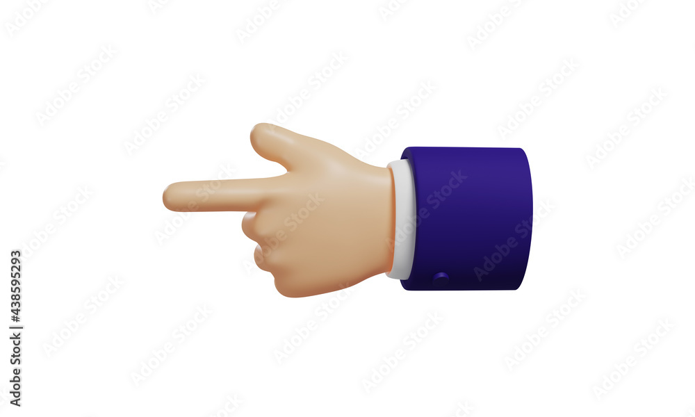 Cartoon hand with dark blue sleeves shows backhand index pointing left ...