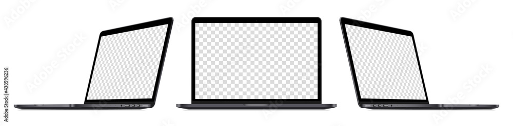 Realistic laptop device perspective mockup set : front view, sideways ...