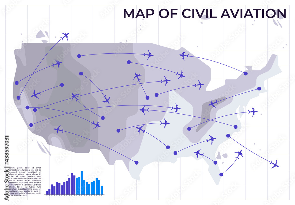 vector illustration of the civil aviation map template, aircraft flight ...