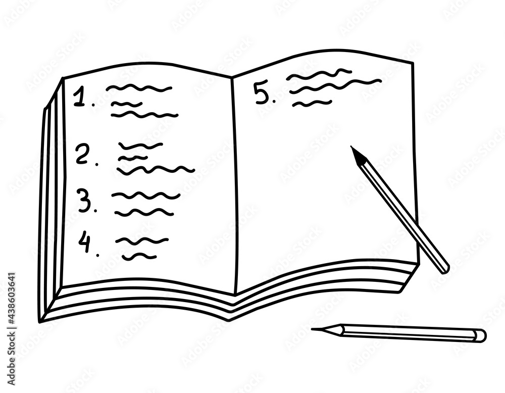 Hand-drawn doodle illustration - open notebook with a numbered list ...