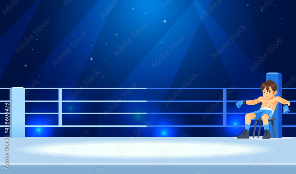 A boy champion boxer rests in a break corner of the ring, between ...