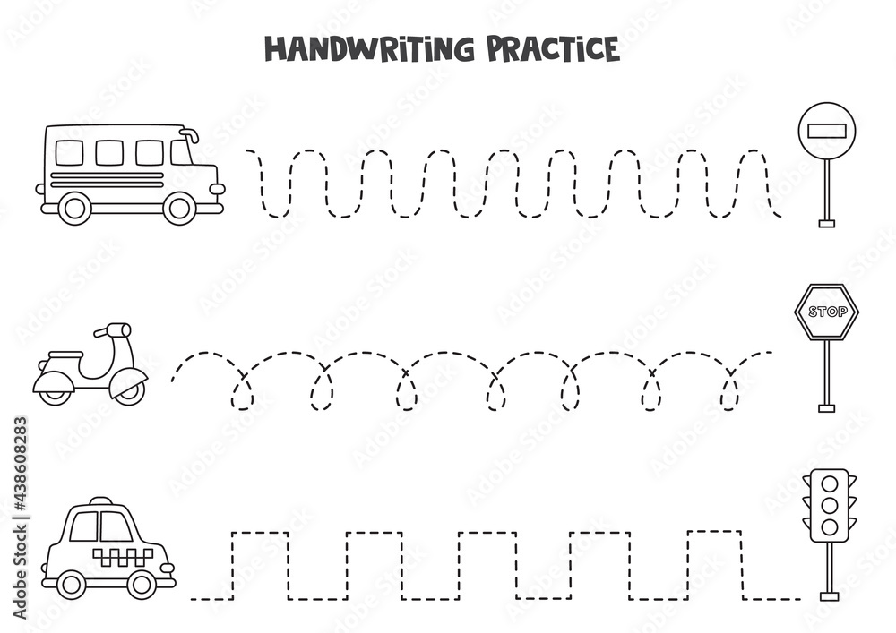 Vetor de Tracing lines with black and white transport. Writing practice ...