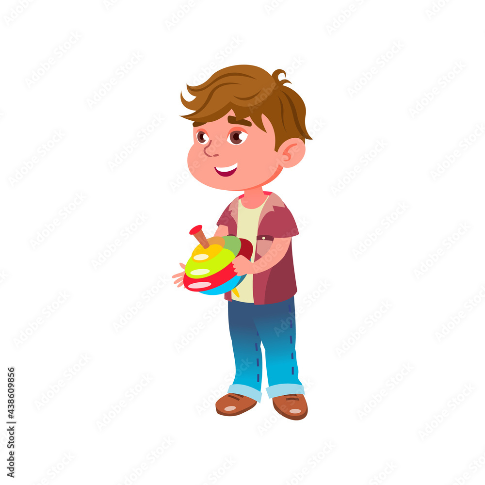 Vetor de cute little boy play with humming top in children room cartoon ...