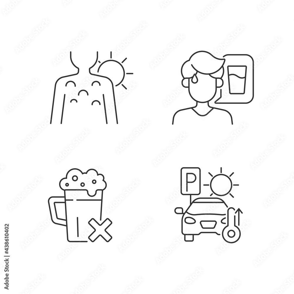Sunstroke precaution linear icons set. Sunburn on person skin. Thirst ...