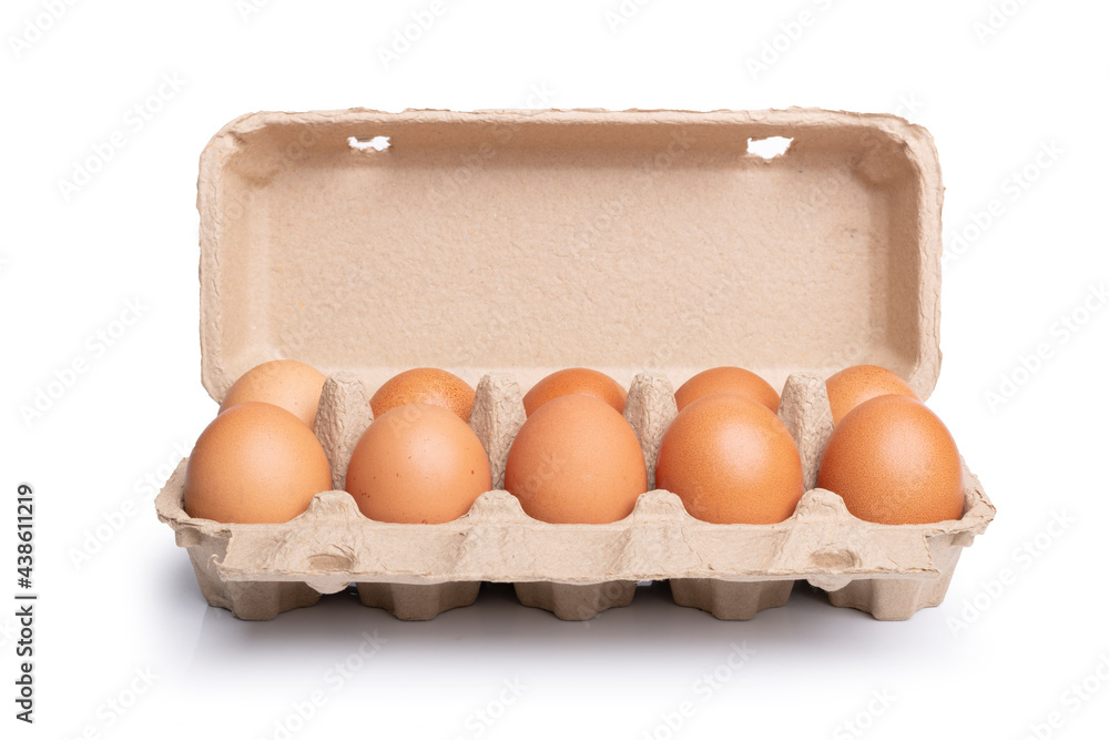 10 fresh eggs raw in a carton box on white background. Ten fresh ...