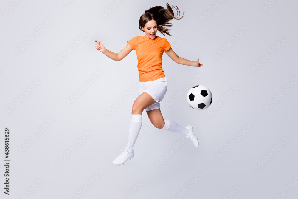 Full body photo of skilled lady soccer team player euro 2020 league ...