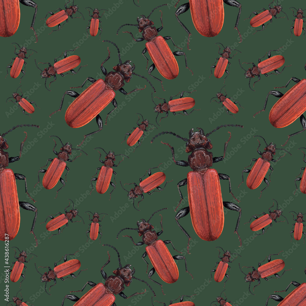 Realistic seamless pattern with red beetles. Summer and spring ...