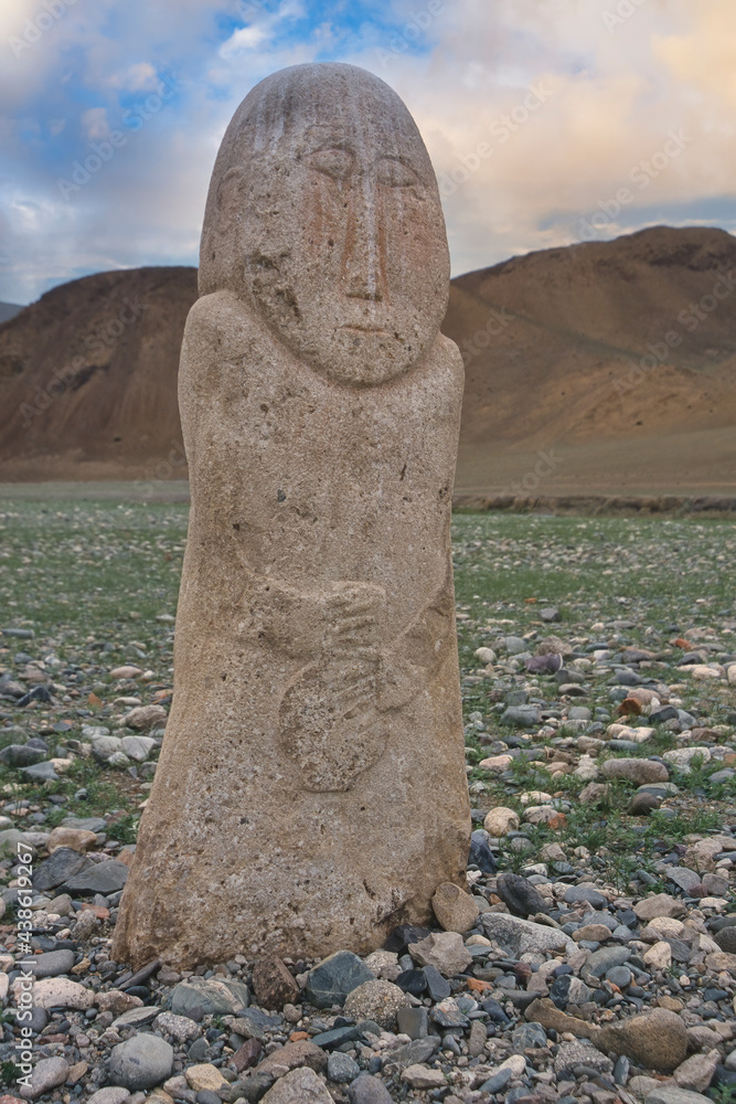 Stone stele of a Turkic warrior or Balbal, Sagsai river prehistoric ...