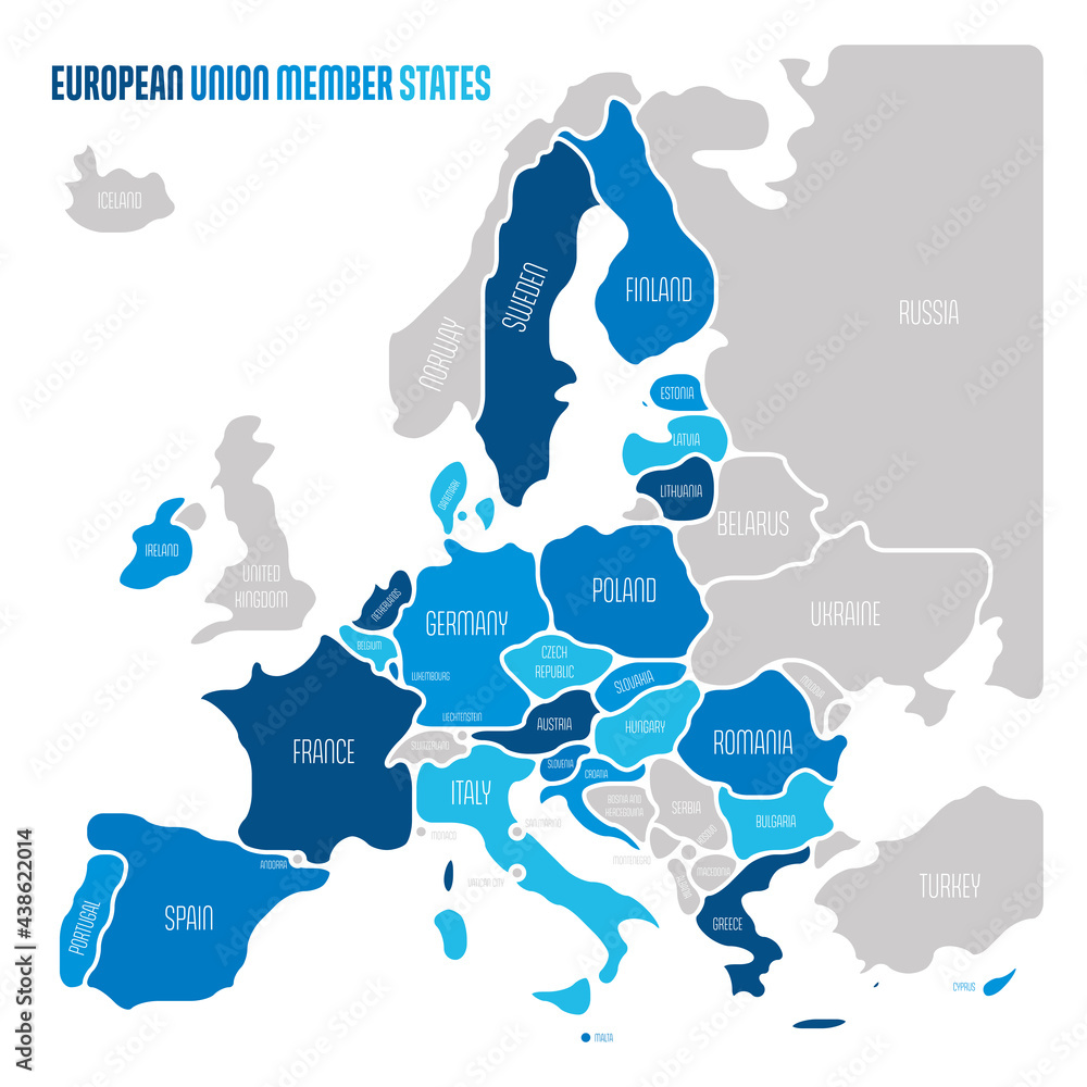 Simplified map of EU, European Union. Rounded shapes of states with ...